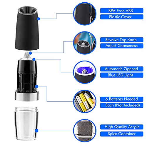 Gravity Electric Salt and Pepper Grinder Mill [Set of 2] with Blue LED Light. Flip to Grind. One Hand Operation, Adjustable Coarseness. Includes Stand, Spoon and Brush. Automatic Battery Powered