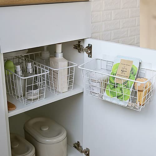 LeleCAT Hanging Kitchen Baskets For Storage Adhesive Sturdy Small Wire Storage Baskets with Kitchen Food Pantry Bathroom Shelf Storage No Drilling Wall Mounted,2 PACK,White