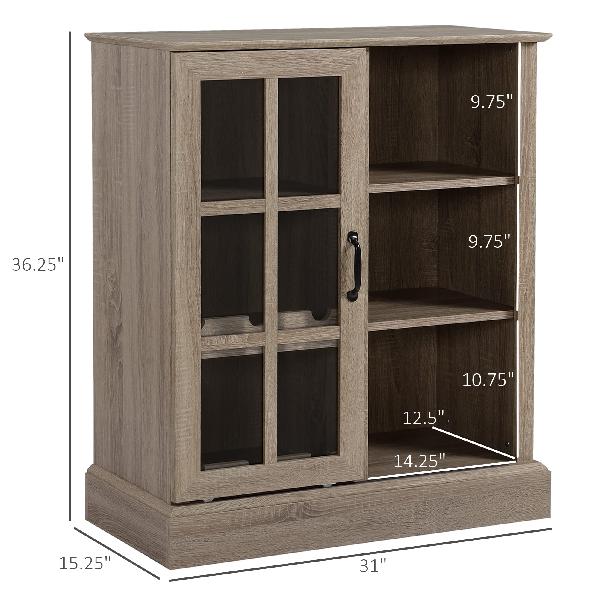 HOMCOM Wine Bar Cabinet, with 6-Bottle Wine Rack and Stemware Racks, Small Sideboard Buffet Cabinet with Sliding Glass Door and Storage Shelves for Kitchen, Brown