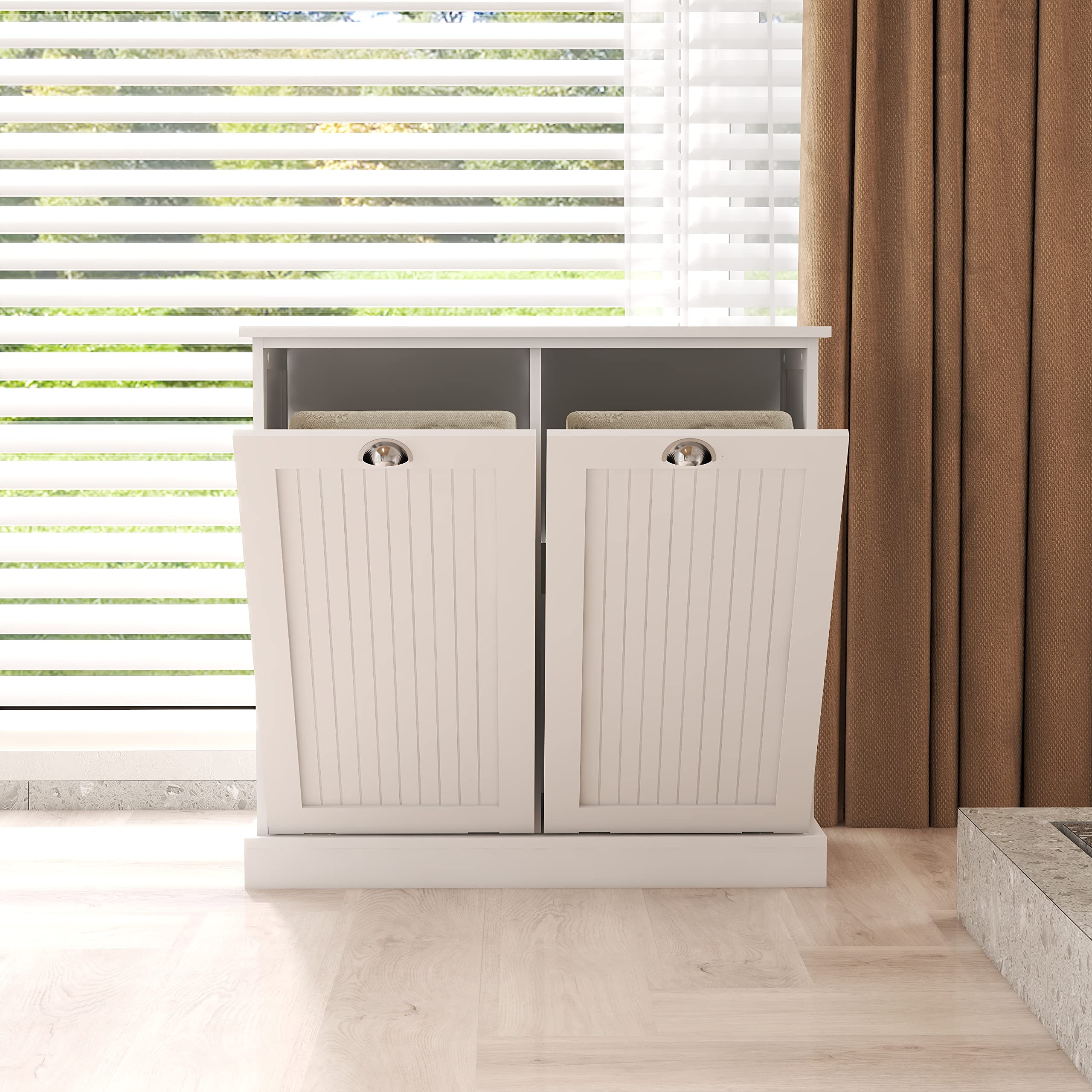 RASOO Double Tilt Out Trash Cabinet White Free Standing Laundry Sorter Cabinet with Removable Two-Compartment Tilt-Out Hamper Clothes Basket