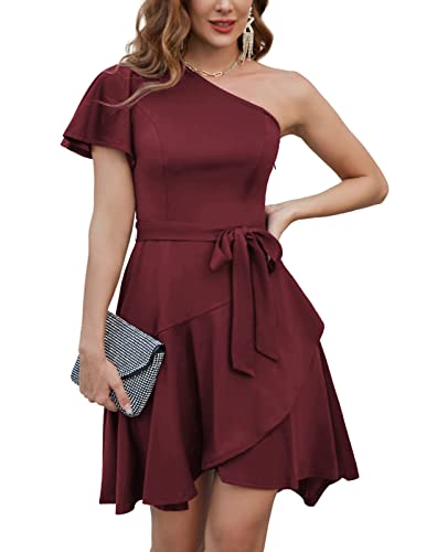 GRACE KARIN Womens Prom Dress One Shoulder 2024 Wedding Guest Ruffle Sleeve Cocktail Party A Line Dress with Belt Wine Red XL