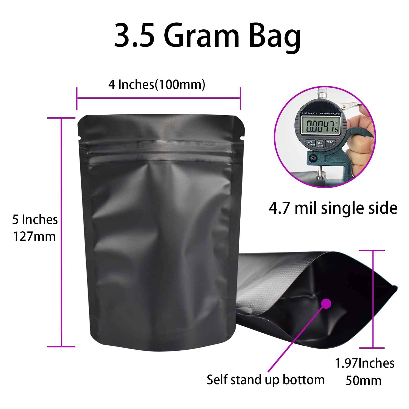 100 Pack Mylar Bag 3.5 Gram,4.7 Mil Thickness Smell Proof Bag,Stand-up Packaging Pouch,Resealable Ziplock Foil Food Storage Baggies Safe Material,4x5 Inches,Matte Black