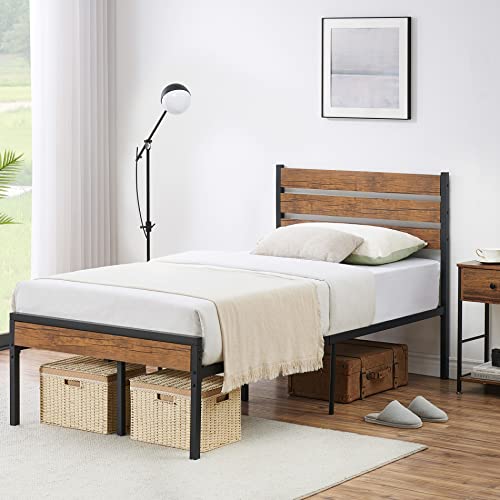 Alkmaar Bed Frame with Wood Headboard and Metal Slats Support Platform Bed Frame with Storage No Box Spring Needed (Twin)