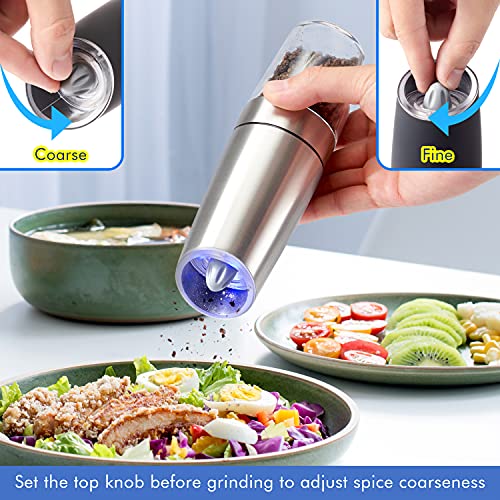 Gravity Electric Salt and Pepper Grinder Mill [Set of 2] with Blue LED Light. Flip to Grind. One Hand Operation, Adjustable Coarseness. Includes Stand, Spoon and Brush. Automatic Battery Powered