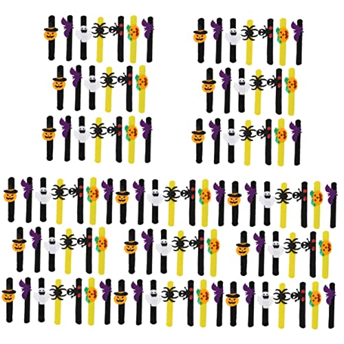 Mikikit 100 pcs Animal Spider Random or Band Treat Toys Bracelet Wristbands Slap D Pattern Favors Party Halloween Ghost Assorted Fillers Decorative for Bag Kids Bands Props Pumpkin Style