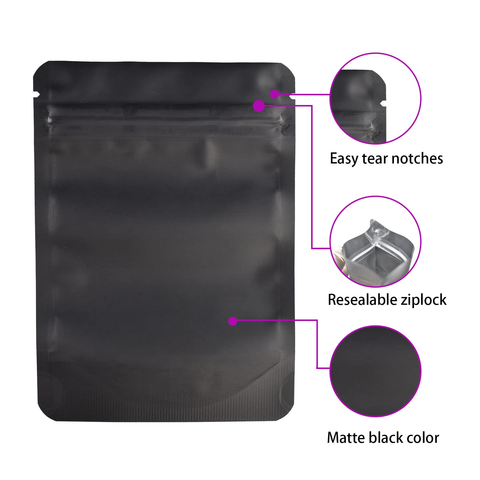 100 Pack Mylar Bag 3.5 Gram,4.7 Mil Thickness Smell Proof Bag,Stand-up Packaging Pouch,Resealable Ziplock Foil Food Storage Baggies Safe Material,4x5 Inches,Matte Black