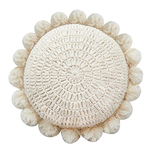 Boho Round Throw Pillow with Cute Handmade Pom Poms Tassels 18 Inch, Decorative Circular Knitted Crochet Cushion for Couch, Sofa, Chair, Bed, Beige