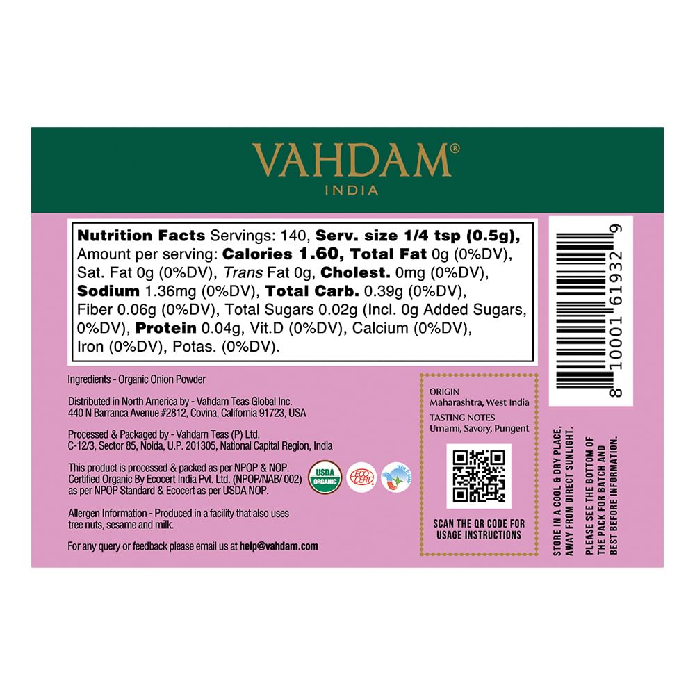 VAHDAM, Organic Onion Powder (2.47oz/70g) Gluten Free, Non GMO, 100% Raw | Aromatic Spice, Perfect for Seasoning, Cooking | Direct from Source