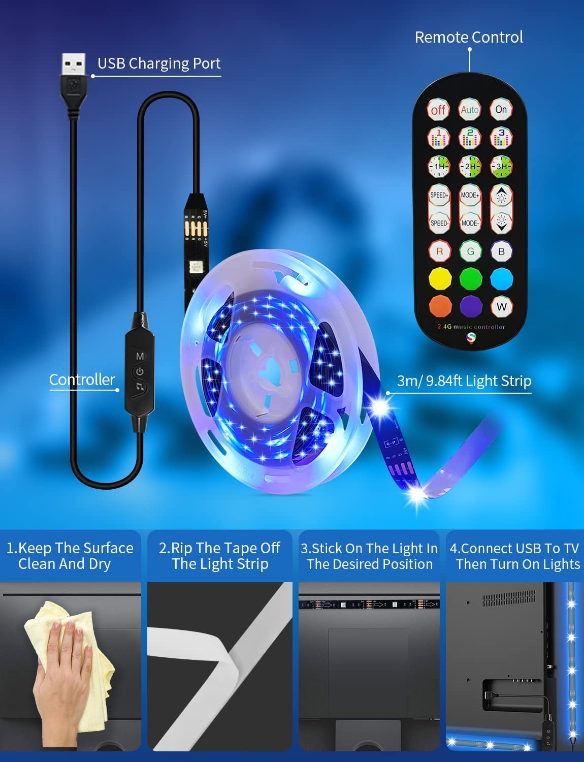 Daymeet LED TV Backlights, 9.8 ft USB Powered LED Lights for TV 32-60 inch RGB Color Changing LED Strip Lights TV Monitor Behind Lighting with Remote Music Sync Bluetooth APP Control