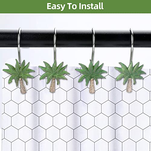 VEGA U Palm Tree Decorative Shower Curtain Hooks for Bathroom, Summer Tropic Themed Resin Bath Decor Rings, Set of 12 (Green)