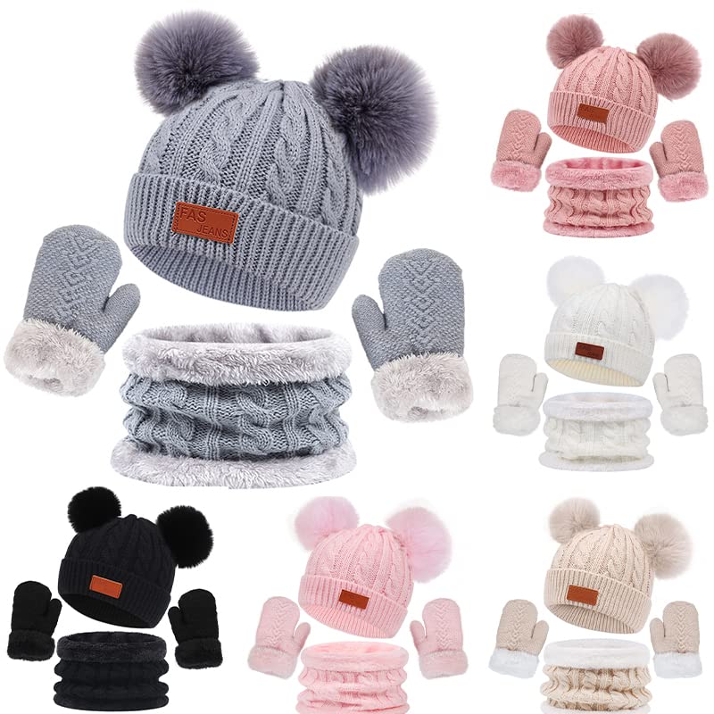 Black Winter Hats for Kids 3 Pack Boys Girls Beanie Hat Scarf Gloves Set with Pompom Fleece Lined Knit Beanie for Aged 1-5