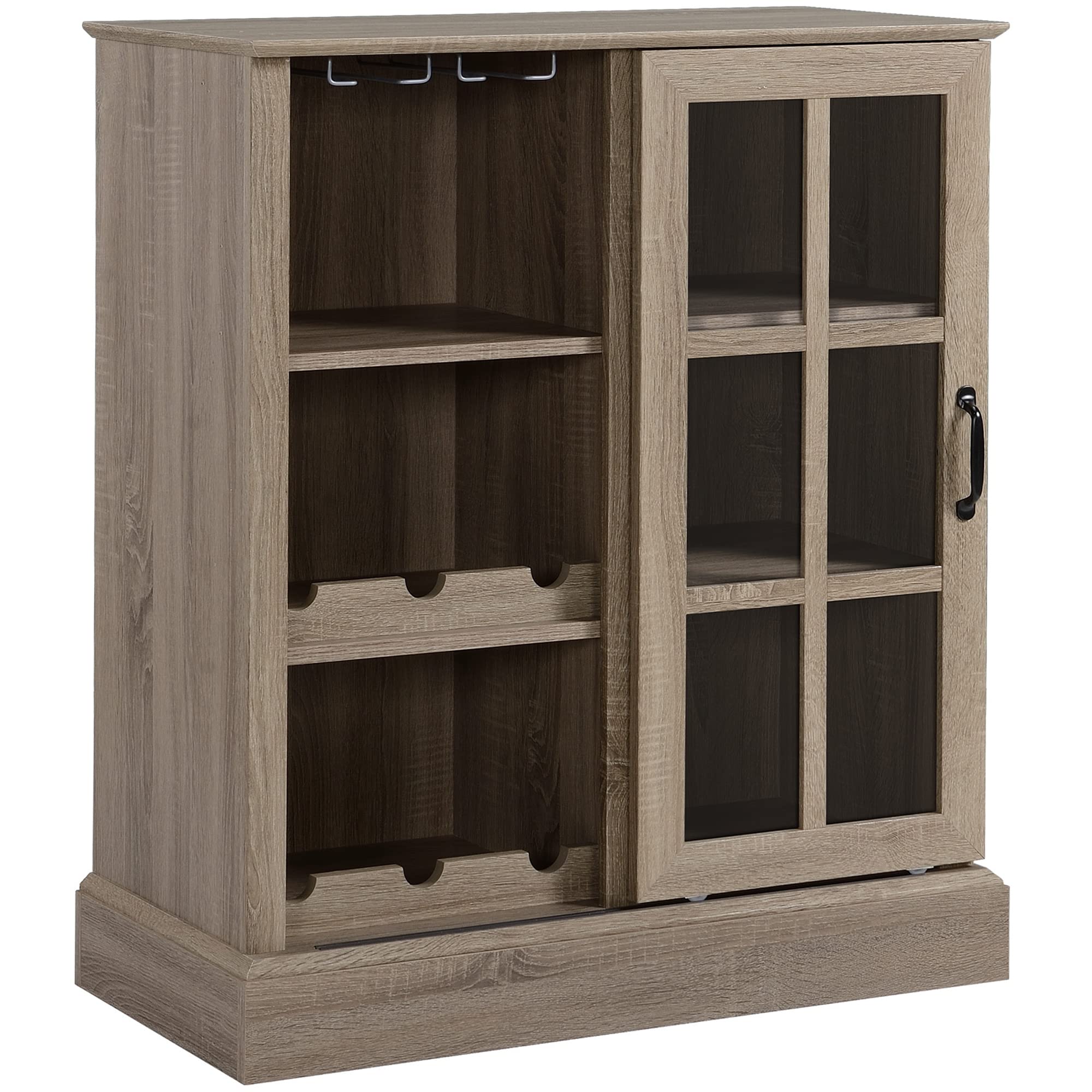 HOMCOM Wine Bar Cabinet, with 6-Bottle Wine Rack and Stemware Racks, Small Sideboard Buffet Cabinet with Sliding Glass Door and Storage Shelves for Kitchen, Brown