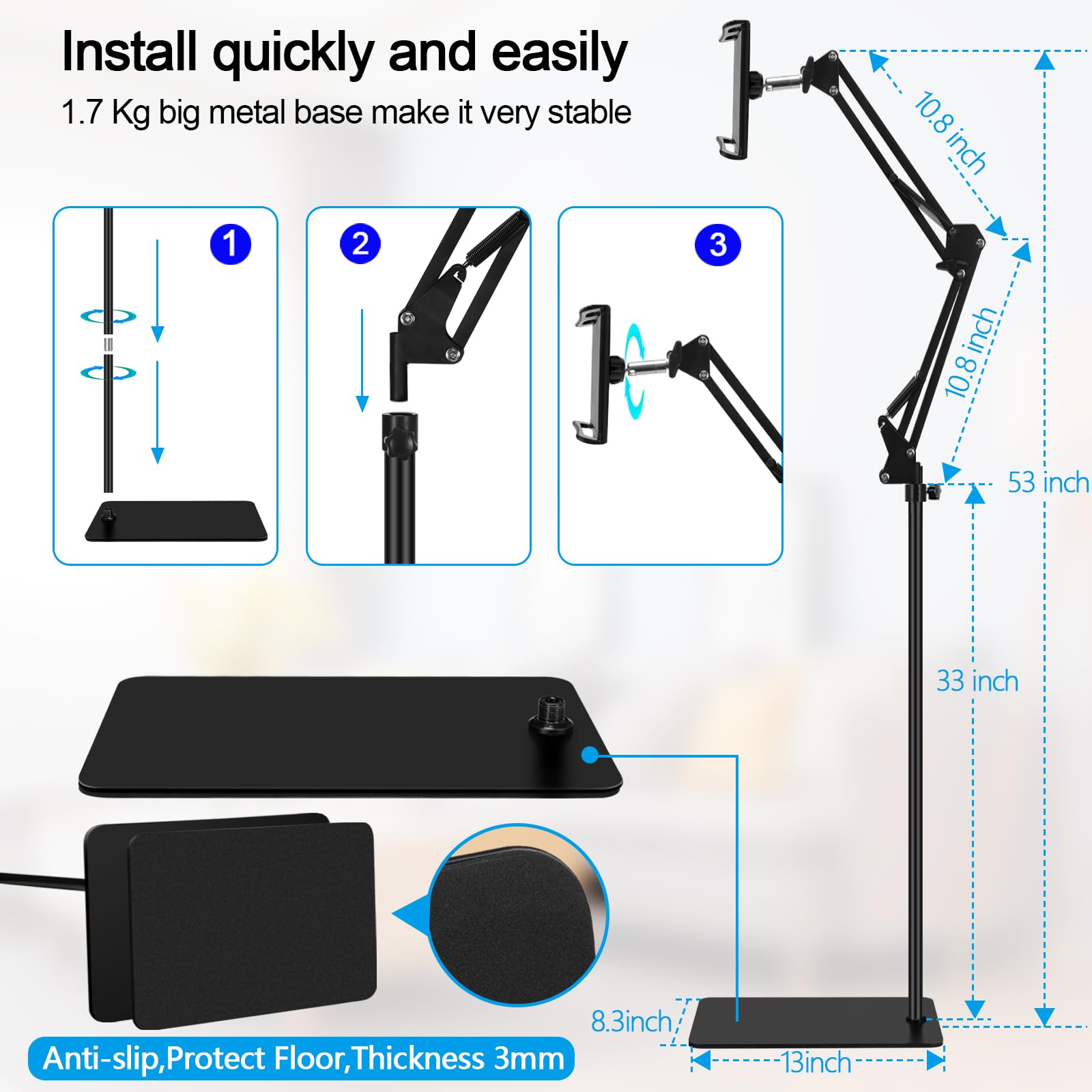 ASWINN Tablet Floor Stand, Adjustable Universal 360-degree Rotatable Metal Tablet Holder,Compatible with iPad/iPhoneX/iPad Pro or Other 4.5~12.9 Inches Devices (White)