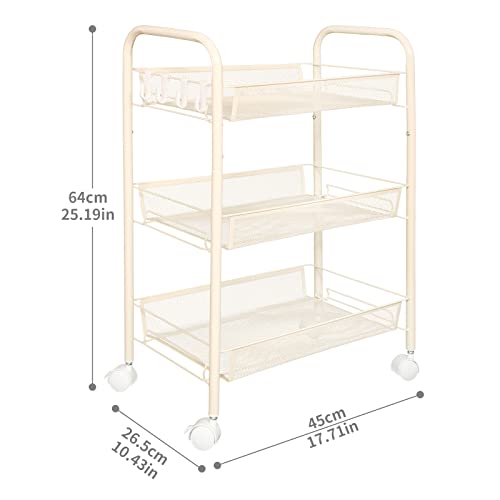 ruishetop Rolling Push Cart Stand Shelves, Storage Rack with Wheels with Mesh Wire Basket, Multifunction Metal Trolley Organizer for Home, Office, Bedroom, Bathroom, Kitchen (3-Tier Rack Beige)