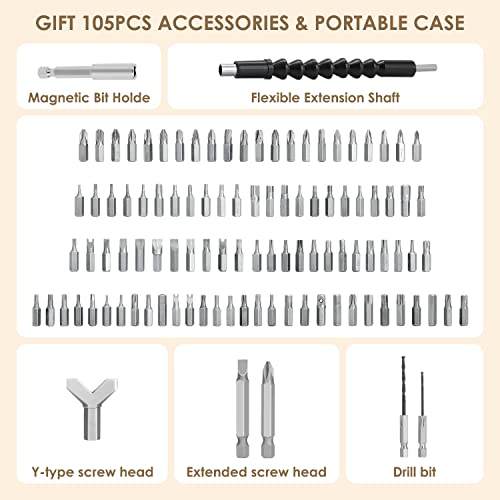 ANBEISTEE Electric Screwdriver Set, Rechargeable Cordless Screwdriver Kit with 106 pcs Bit Set, Pivoting Handle, LED Light, Carrying Case, Suitable for home DIY, Repair Tool Kit