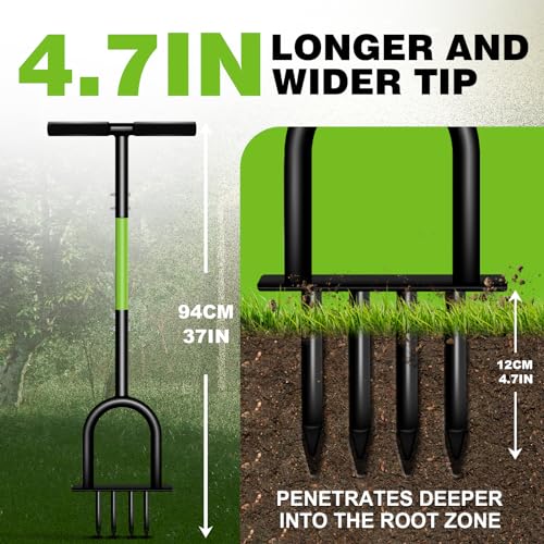 Evcitn 4 in 1 Lawn Aerator – Manual Plug Coring Aerator, Spike Aeration with Inches Iron Tines, Twist Tiller Claw Cultivator, Half Moon Lawn Edger for Flower Box, Sidewalks,Garden,Lawn…