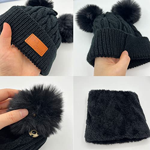 Black Winter Hats for Kids 3 Pack Boys Girls Beanie Hat Scarf Gloves Set with Pompom Fleece Lined Knit Beanie for Aged 1-5