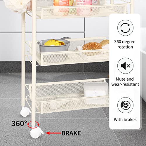ruishetop Rolling Push Cart Stand Shelves, Storage Rack with Wheels with Mesh Wire Basket, Multifunction Metal Trolley Organizer for Home, Office, Bedroom, Bathroom, Kitchen (3-Tier Rack Beige)