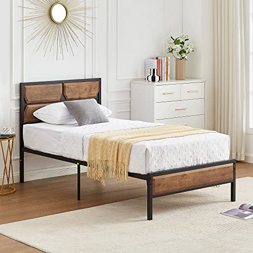 VECELO Twin Bed Frame Heavy Duty Metal Platform with Wooden Headboard Footboard Mattress Foundation 12 Strong Steel Slats Support Under Bed Storage/Easy Assemble