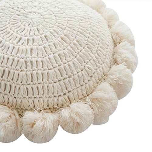 Boho Round Throw Pillow with Cute Handmade Pom Poms Tassels 18 Inch, Decorative Circular Knitted Crochet Cushion for Couch, Sofa, Chair, Bed, Beige