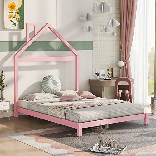 Merax Full Kids Bed House Shaped Low Beds for Toddlers, Wood Platform Bed Frame for Children,No Box Spring Needed,Easy Assemble (Full,Pink