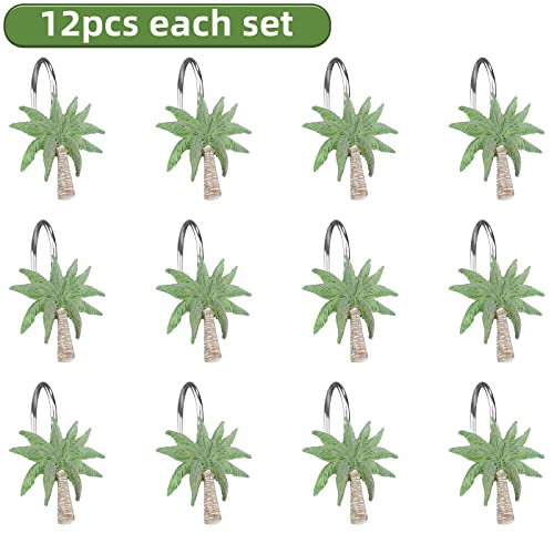 VEGA U Palm Tree Decorative Shower Curtain Hooks for Bathroom, Summer Tropic Themed Resin Bath Decor Rings, Set of 12 (Green)