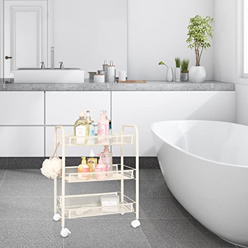 ruishetop Rolling Push Cart Stand Shelves, Storage Rack with Wheels with Mesh Wire Basket, Multifunction Metal Trolley Organizer for Home, Office, Bedroom, Bathroom, Kitchen (3-Tier Rack Beige)