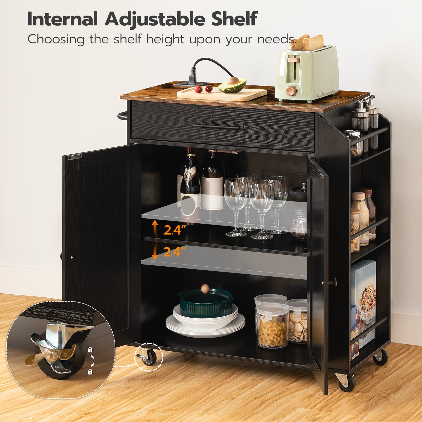 HOOBRO Kitchen Island with Power Outlet, Kitchen Storage Island with Spice Rack and Drawer, Rolling Kitchen Cart on Wheels, for Home, Kitchen and Dining Room, Rustic Brown and Black