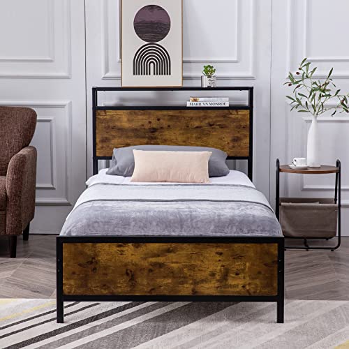 GAZHOME Twin XL Bed Frame, Platform Bed with 2-Tier Storage Headboard, Solid and Stable, Noise Free, No Box Spring Needed, Easy Assembly