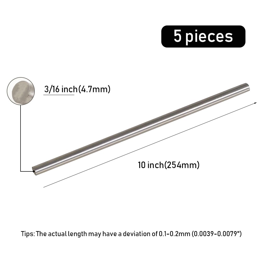 Tynulox 5Pcs 304 Stainless Steel Round Rod, 3/16" Diameter 10" Length Metal Solid Shaft Rods for Industry, Metal Working Hobbies and DIY Craft