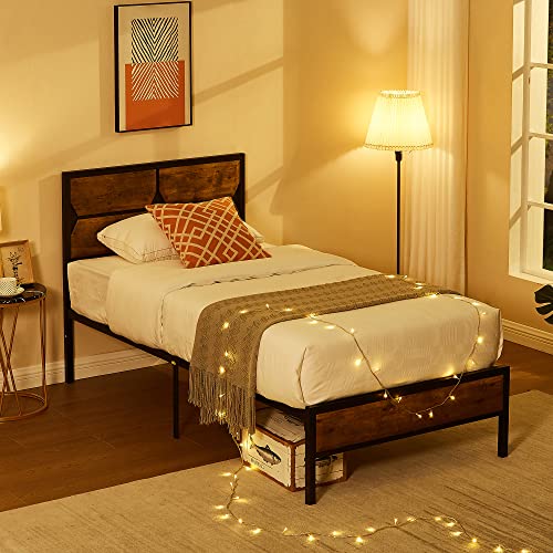 VECELO Twin Bed Frame Heavy Duty Metal Platform with Wooden Headboard Footboard Mattress Foundation 12 Strong Steel Slats Support Under Bed Storage/Easy Assemble