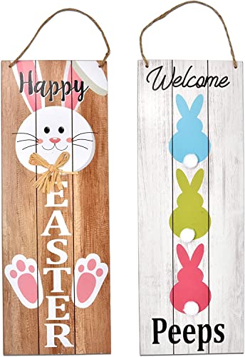 Spring Easter Welcome Sign Set of 2 for Front Door Wall Signs Hanging Wood Double Sided Spring and Happy Easter Farmhouse Indoor Outdoor Rustic Decoration Porch & Yard Party Supplies Decor 17"x 6"