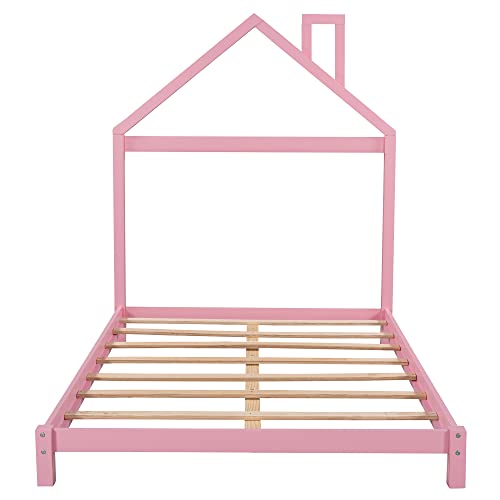 Merax Full Kids Bed House Shaped Low Beds for Toddlers, Wood Platform Bed Frame for Children,No Box Spring Needed,Easy Assemble (Full,Pink