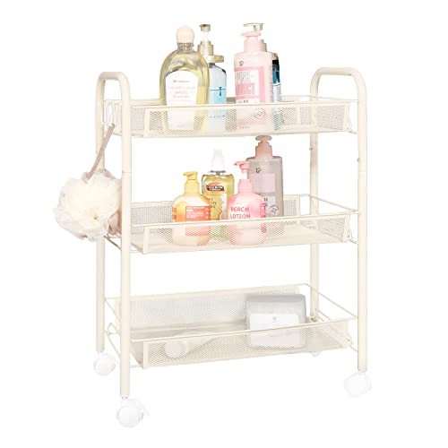ruishetop Rolling Push Cart Stand Shelves, Storage Rack with Wheels with Mesh Wire Basket, Multifunction Metal Trolley Organizer for Home, Office, Bedroom, Bathroom, Kitchen (3-Tier Rack Beige)