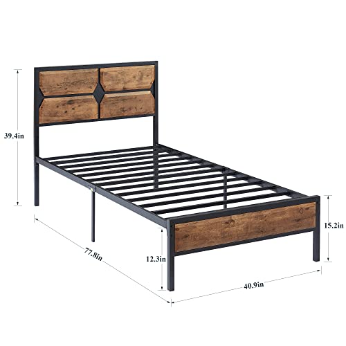 VECELO Twin Bed Frame Heavy Duty Metal Platform with Wooden Headboard Footboard Mattress Foundation 12 Strong Steel Slats Support Under Bed Storage/Easy Assemble