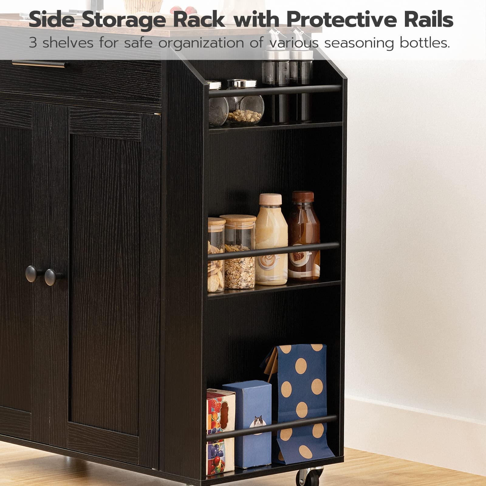 HOOBRO Kitchen Island with Power Outlet, Kitchen Storage Island with Spice Rack and Drawer, Rolling Kitchen Cart on Wheels, for Home, Kitchen and Dining Room, Rustic Brown and Black