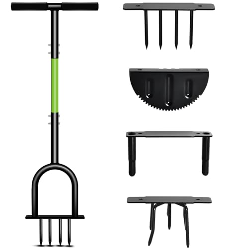 Evcitn 4 in 1 Lawn Aerator – Manual Plug Coring Aerator, Spike Aeration with Inches Iron Tines, Twist Tiller Claw Cultivator, Half Moon Lawn Edger for Flower Box, Sidewalks,Garden,Lawn…