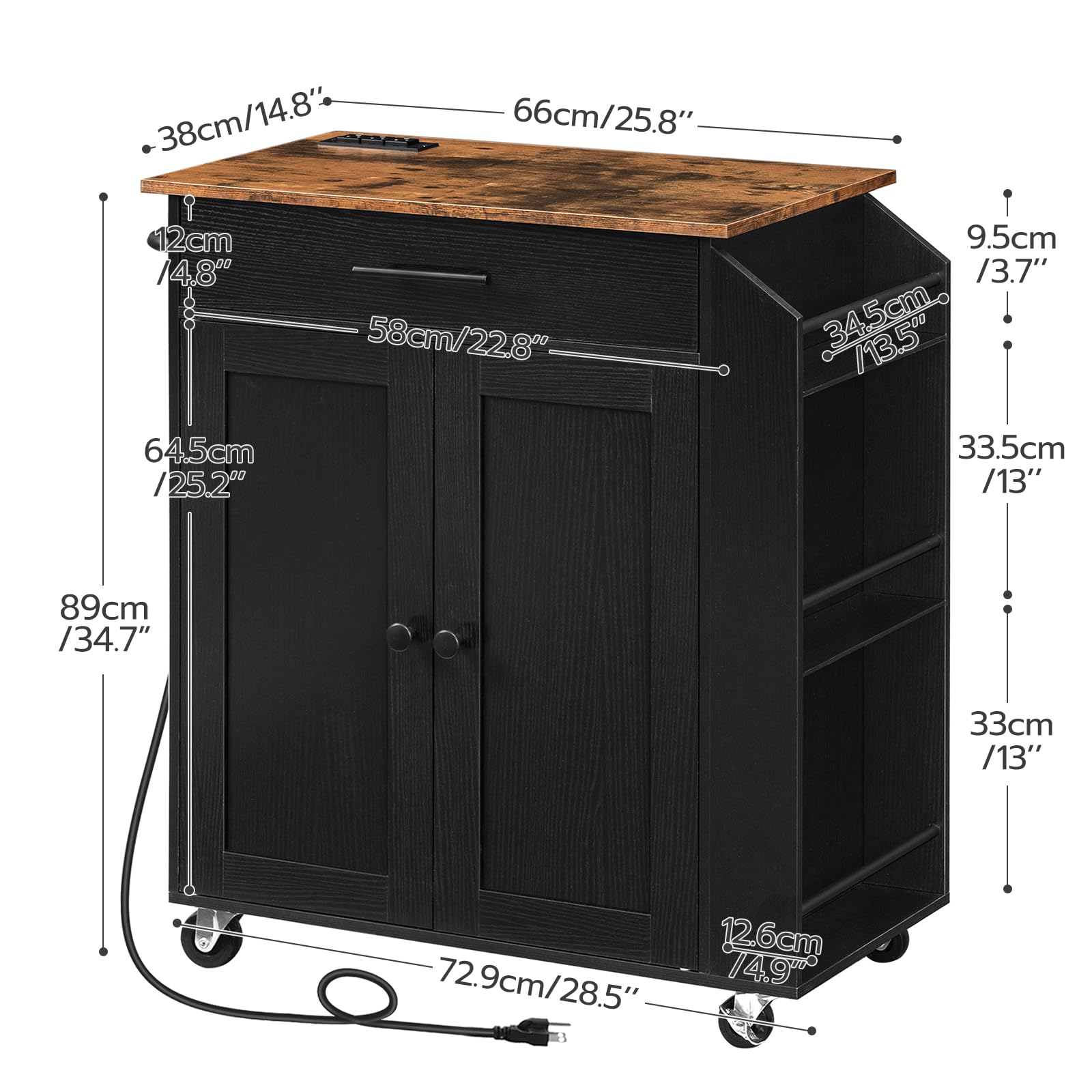 HOOBRO Kitchen Island with Power Outlet, Kitchen Storage Island with Spice Rack and Drawer, Rolling Kitchen Cart on Wheels, for Home, Kitchen and Dining Room, Rustic Brown and Black