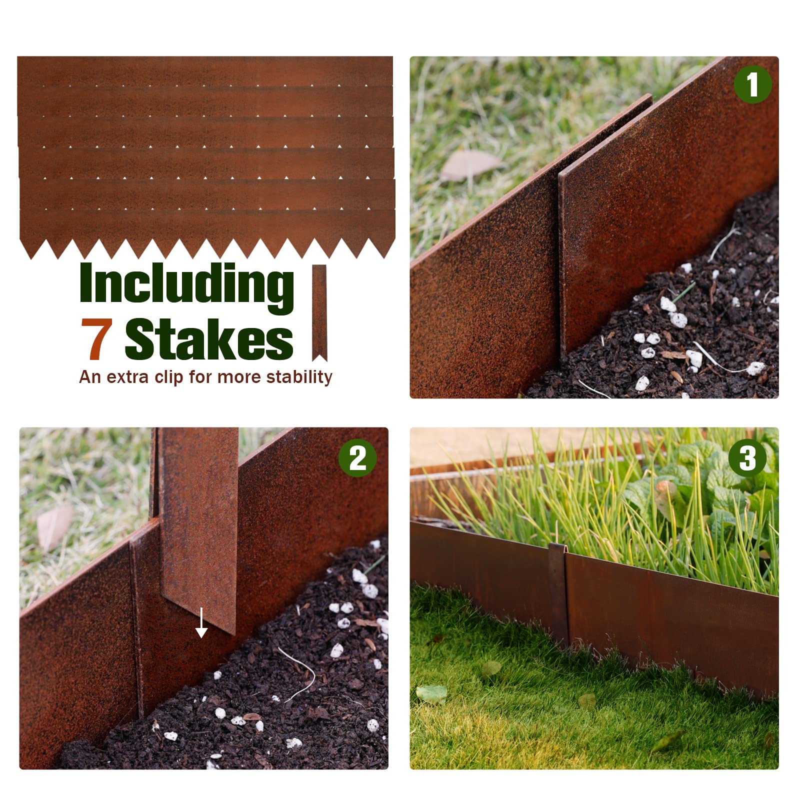 Worth Garden 6-Pack Pre-Rusted Cor-Ten Steel Landscape Edging - 40" L x 5.5" H (20ft Total) - No-Dig Hammer-in Heavy Duty 14-Gauge Metal Edging Border w/Clips & Protection Strips - Edge for Lawn Yard