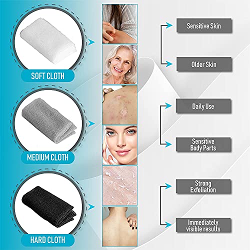Soft, Medium & Hard (3pc) Exfoliating Washcloth Variety Pack (11.8" X 35.4") Body Wash Nylon Scrub Cloth Back Scrubber Sponge Towel Weave for Bath Shower Beauty Skin Washcloth for Women & Men