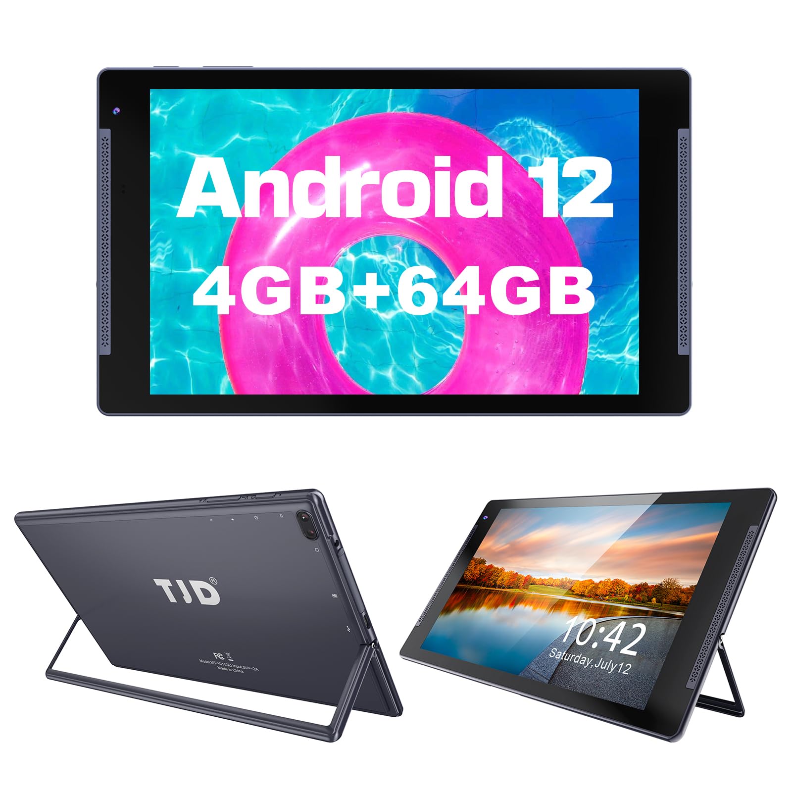 TJD Android 12 Tablets,10.1 inch Tablet PC, 4GB RAM 64GB ROM 512GB MicroSD, FHD IPS Display, Dual Camera, Double Stereo Speakers, Wi-Fi5.0/2.4, Bluetooth5.0, (Gray)
