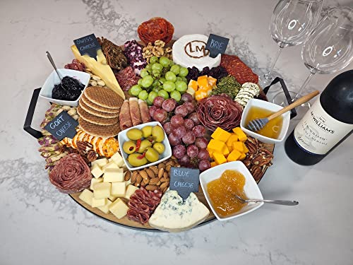 LIVMORE Large Round Wooden Tray Solid Serving with Handle Acacia Wood Circle Platter Decorative Charcuterie Cheese Board Oversized Ottoman Home Breakfast Tea Coffee Fruit Party Dinner