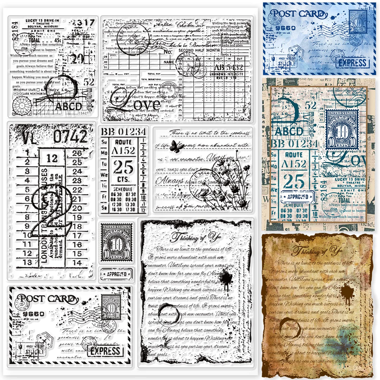 GLOBLELAND 11.7x8.3in Vintage Ticket Postcard Clear Stamps Postage Silicone Stamps Rubber Stamp Retro Silicone Transparent Seal Stamps for Card Making Scrapbooking Decoration