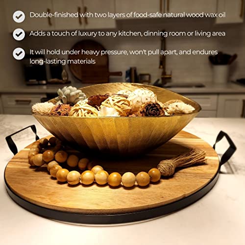 LIVMORE Large Round Wooden Tray Solid Serving with Handle Acacia Wood Circle Platter Decorative Charcuterie Cheese Board Oversized Ottoman Home Breakfast Tea Coffee Fruit Party Dinner