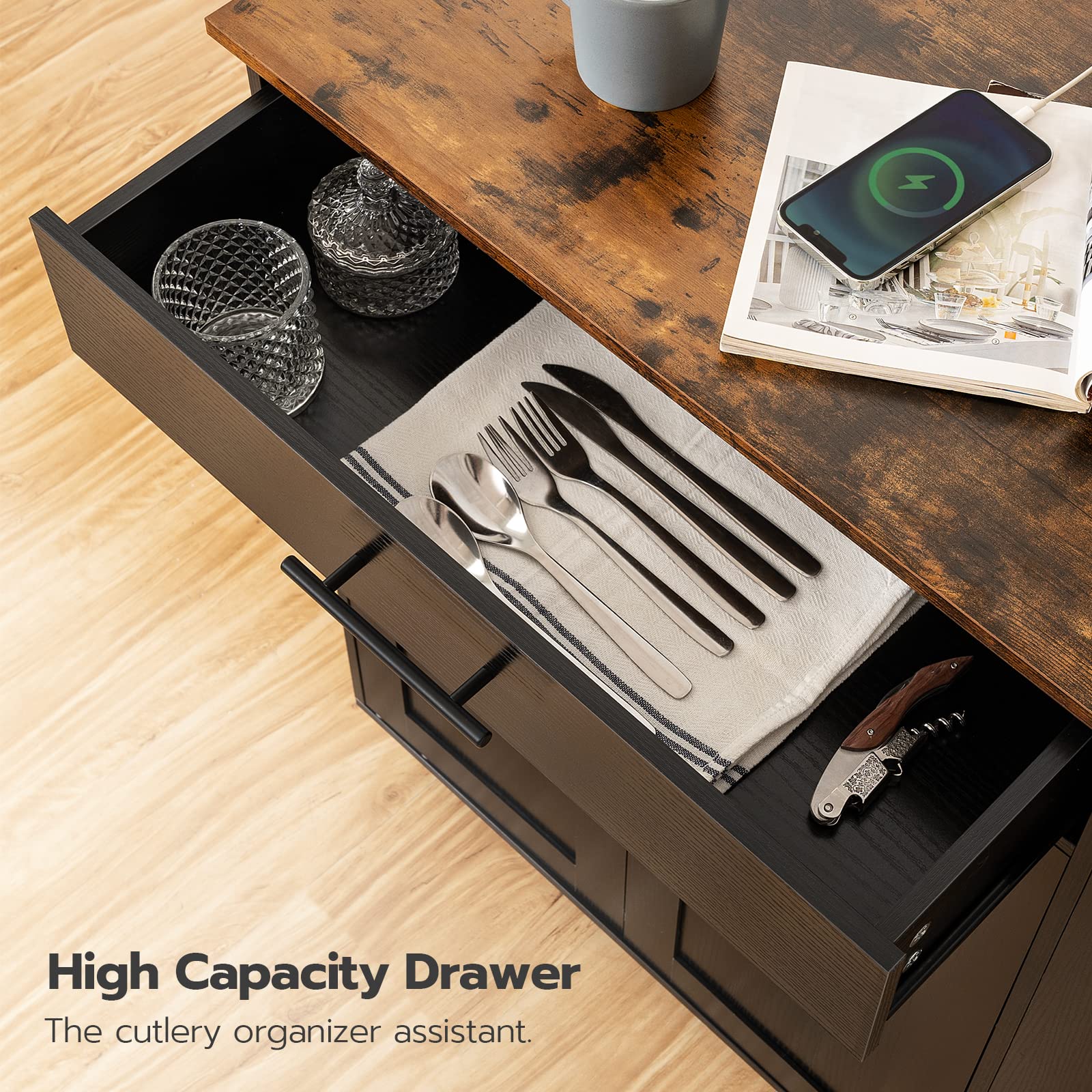 HOOBRO Kitchen Island with Power Outlet, Kitchen Storage Island with Spice Rack and Drawer, Rolling Kitchen Cart on Wheels, for Home, Kitchen and Dining Room, Rustic Brown and Black