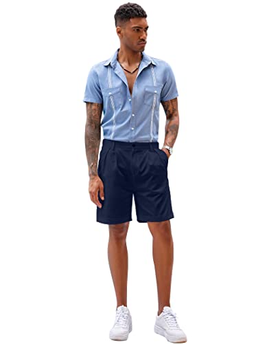 COOFANDY Men’s Linen Flat Front Shorts Casual Classic Fit 7" Summer Beach Shorts with Elastic Waist and Pockets, Navy Blue, XX-Large