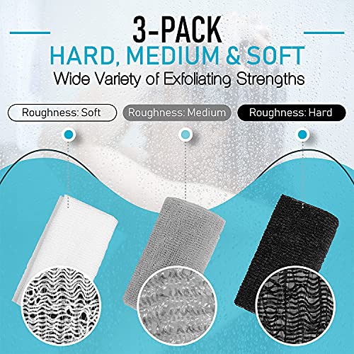 Soft, Medium & Hard (3pc) Exfoliating Washcloth Variety Pack (11.8" X 35.4") Body Wash Nylon Scrub Cloth Back Scrubber Sponge Towel Weave for Bath Shower Beauty Skin Washcloth for Women & Men
