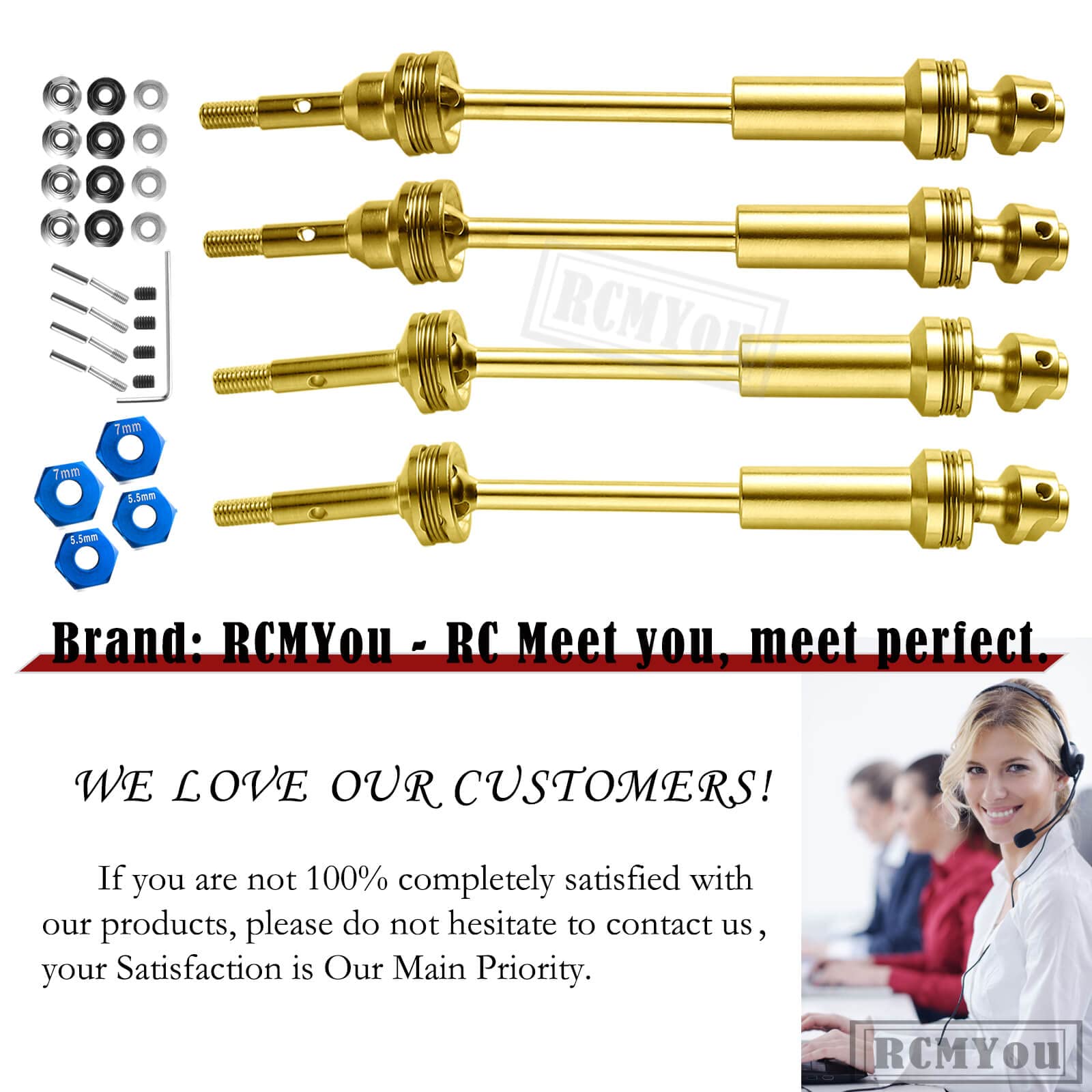 RC Stainless Steel Drive Shaft CVD Upgrades Part for 1/10 Slash VXL 4X4,Rustler VXL 4X4,Stampede VXL 4X4,Hoss VXL 4X4 4WD,4PCS Front Rear #45 Axles with Hex,Gold
