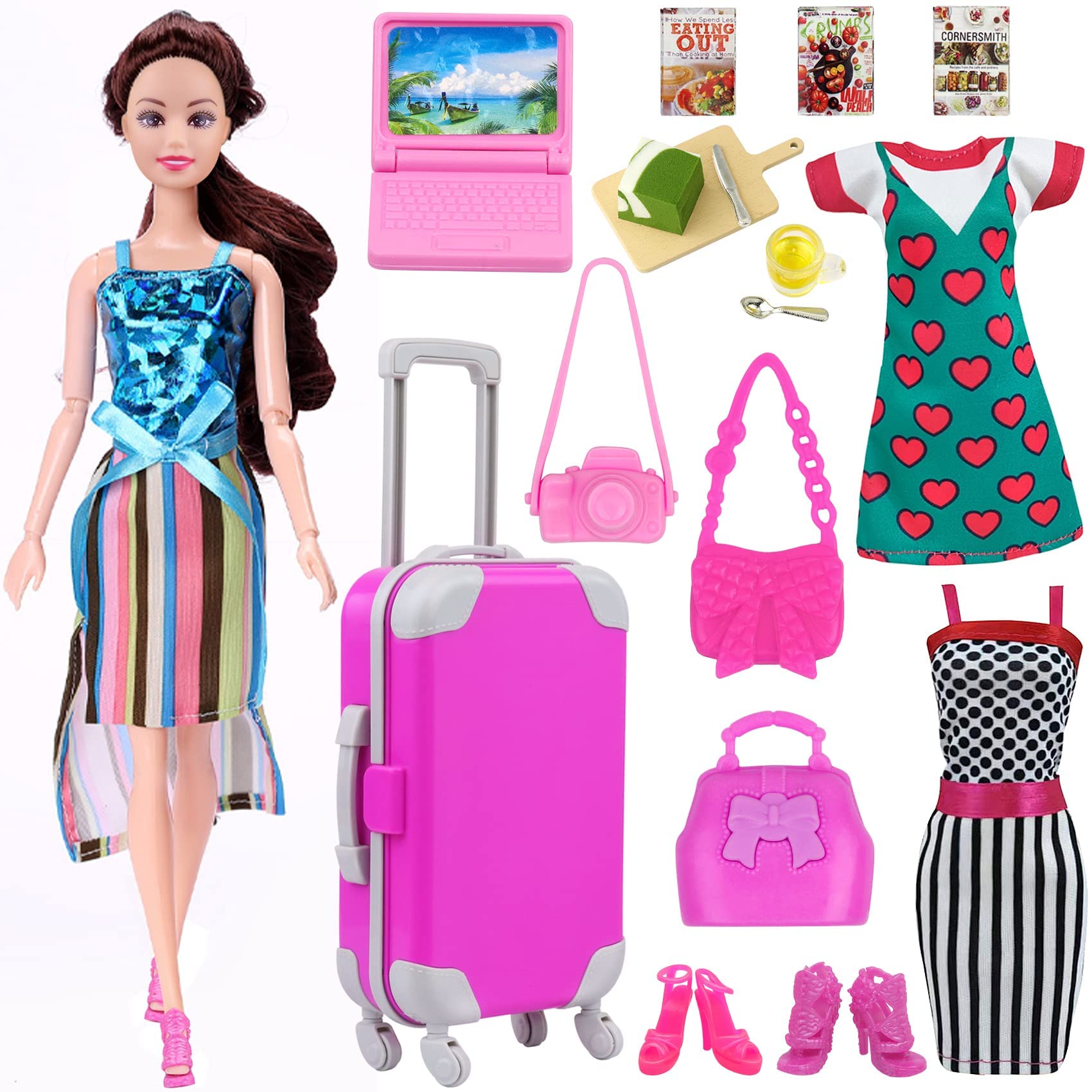 18INDC 17 Pcs Suitcase Clothes and Accessories 3 Dresses 2 Bag 3 Magazine 2 Shoes 1 Matcha Cake Set 1 Miniature Laptop Computer 1 Camera for 11.5 Inch Girl Doll (NO Doll)