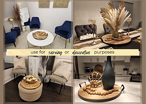 LIVMORE Large Round Wooden Tray Solid Serving with Handle Acacia Wood Circle Platter Decorative Charcuterie Cheese Board Oversized Ottoman Home Breakfast Tea Coffee Fruit Party Dinner